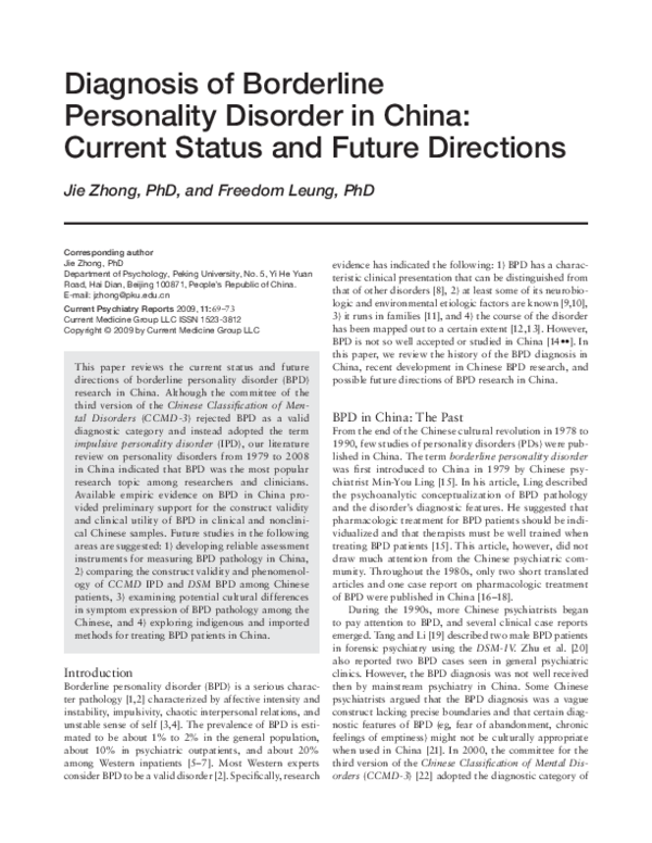 (PDF) Diagnosis of borderline personality disorder in China: Current ...