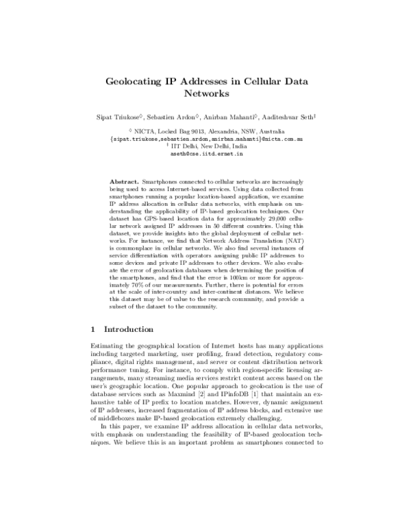 (PDF) Geolocating IP addresses in Cellular data networks