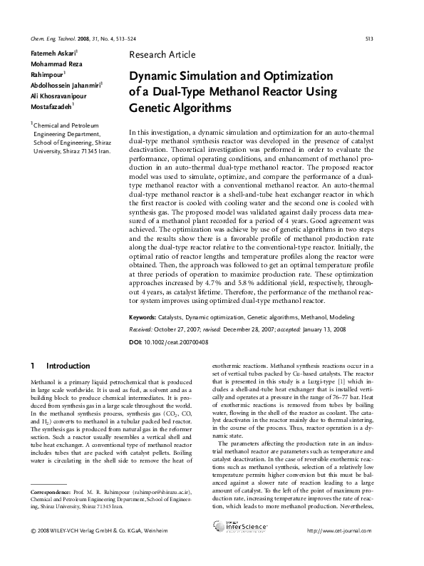 Pdf Dynamic Simulation And Optimization Of A Dual Type Methanol Reactor Using Genetic Algorithms