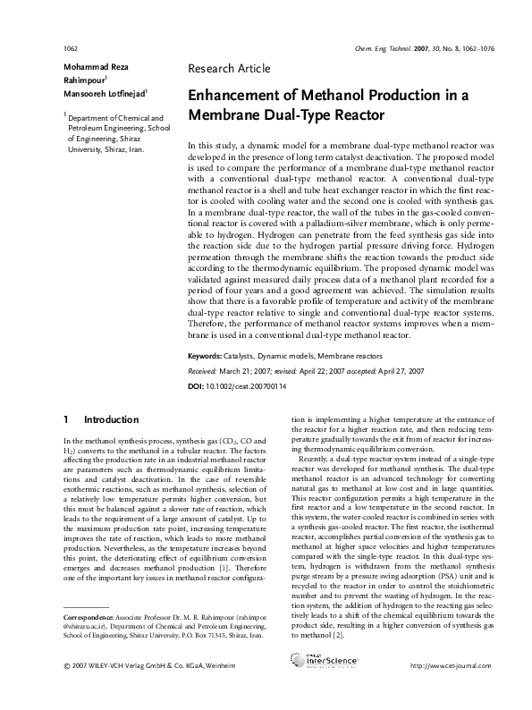 (PDF) Enhancement of Methanol Production in a Membrane Dual-Type Reactor