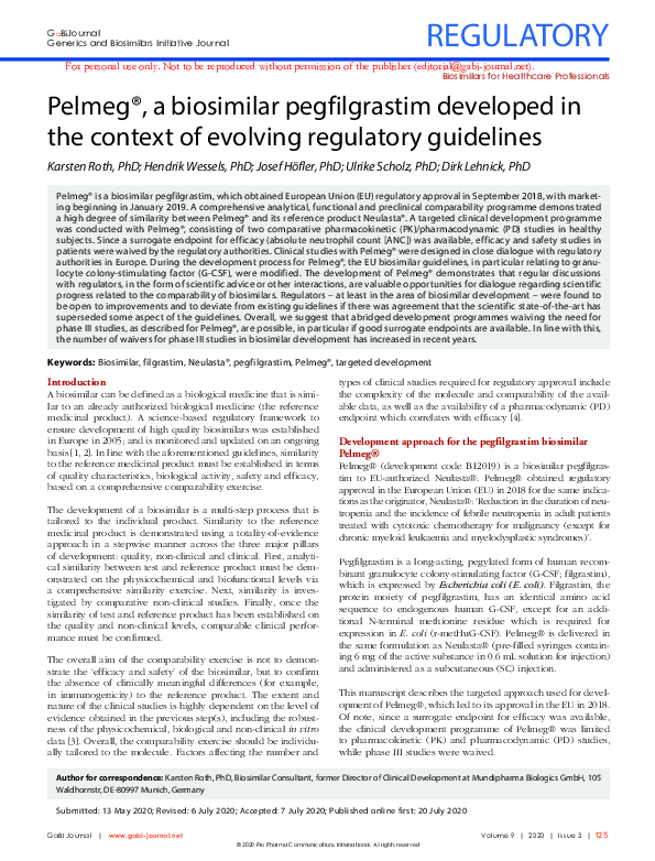 (PDF) Pelmeg®, a biosimilar pegfilgrastim developed in the context of ...