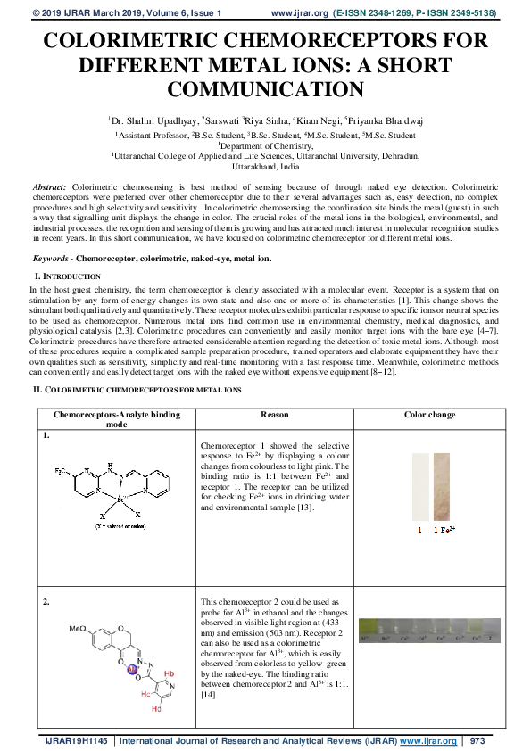 Colorimetric Chemoreceptors for Different Metal Ions: A Short Communication