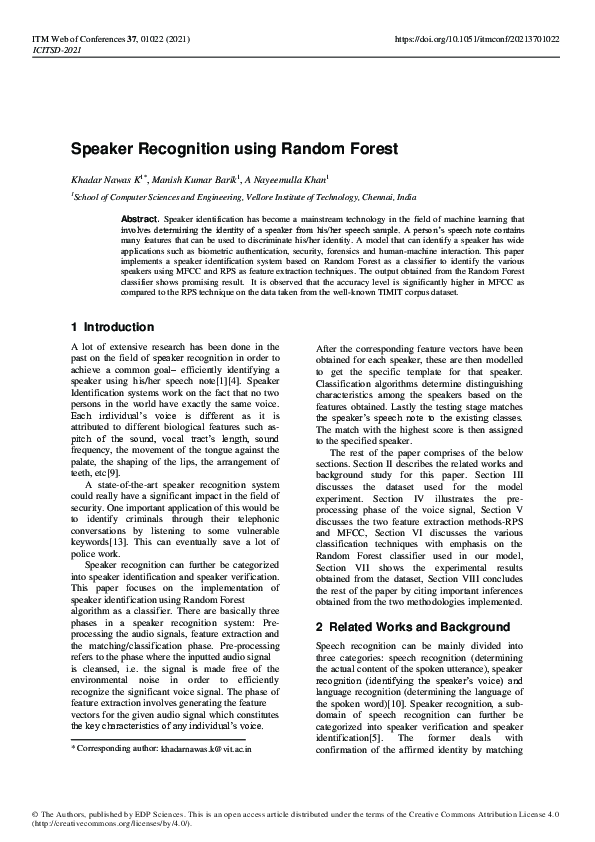 (PDF) Speaker Recognition using Random Forest | nayeemulla khan - Academia.edu