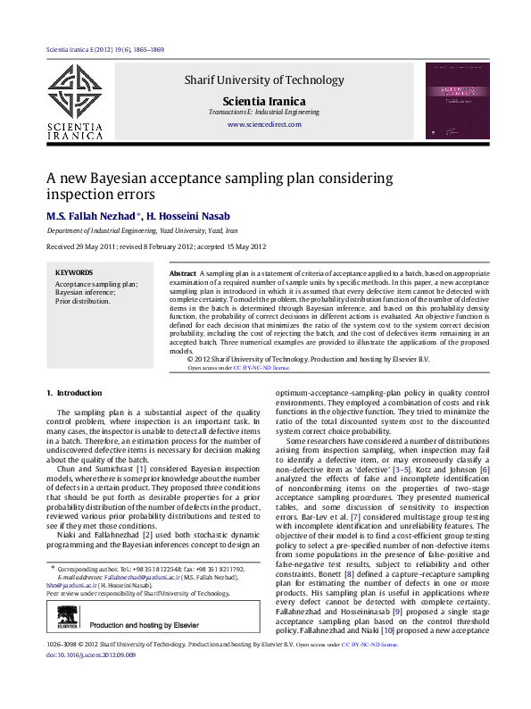 (PDF) A new Bayesian acceptance sampling plan considering inspection errors