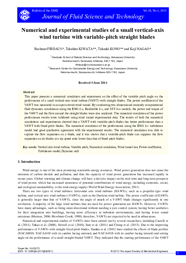 (PDF) Numerical and experimental studies of a small vertical-axis wind turbine with variable ...