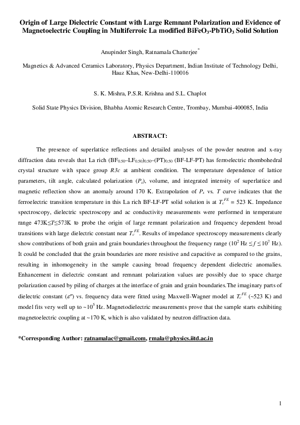 (PDF) Origin of Large Dielectric Constant with Large Remnant Polarization and Evidence of ...