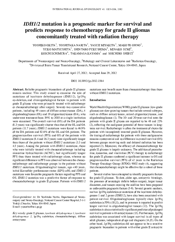 (PDF) IDH1/2 mutation is a prognostic marker for survival and predicts response to chemotherapy ...
