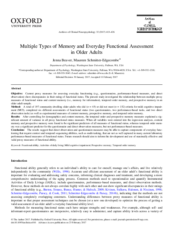 (PDF) Multiple Types of Memory and Everyday Functional Assessment in ...