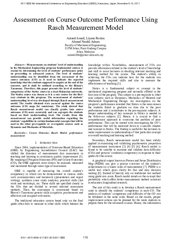 (PDF) Assessment on course outcome performance using Rasch measurement model