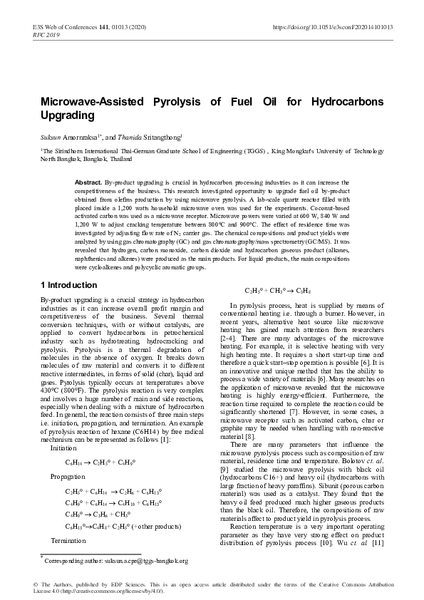 (PDF) Microwave-Assisted Pyrolysis of Fuel Oil for Hydrocarbons Upgrading