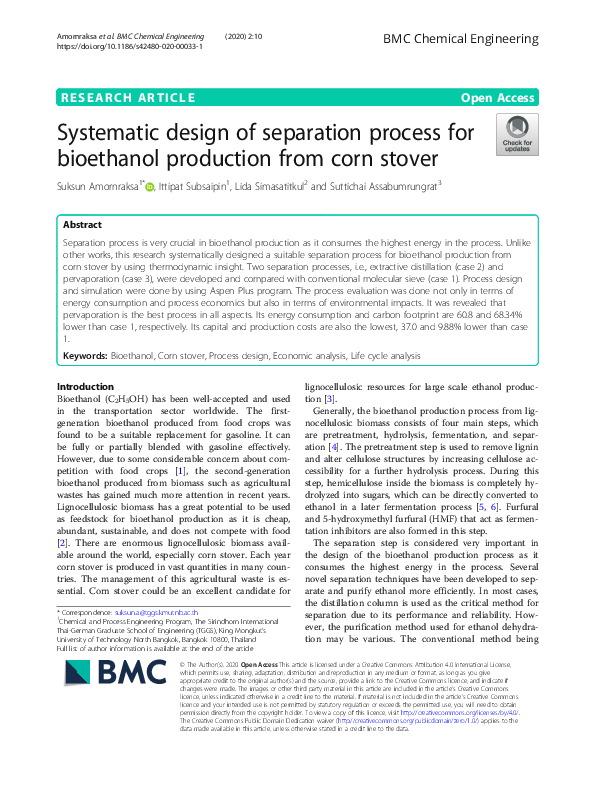 (PDF) Systematic design of separation process for bioethanol production from corn stover