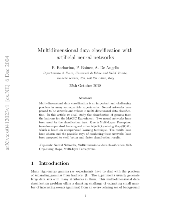 Pdf Multidimensional Data Classification With Artificial Neural Networks Alessandro De