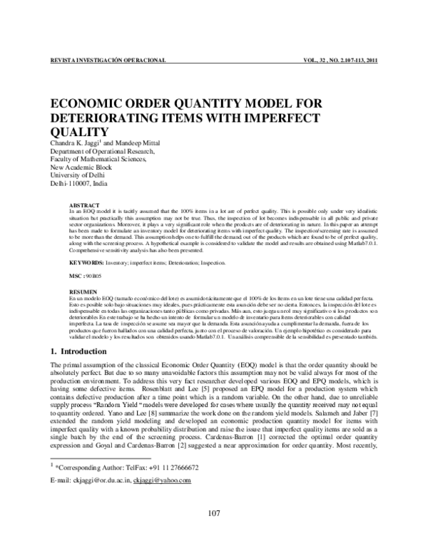 Pdf Economic Order Quantity Model For Deteriorating Items With Imperfect Quality