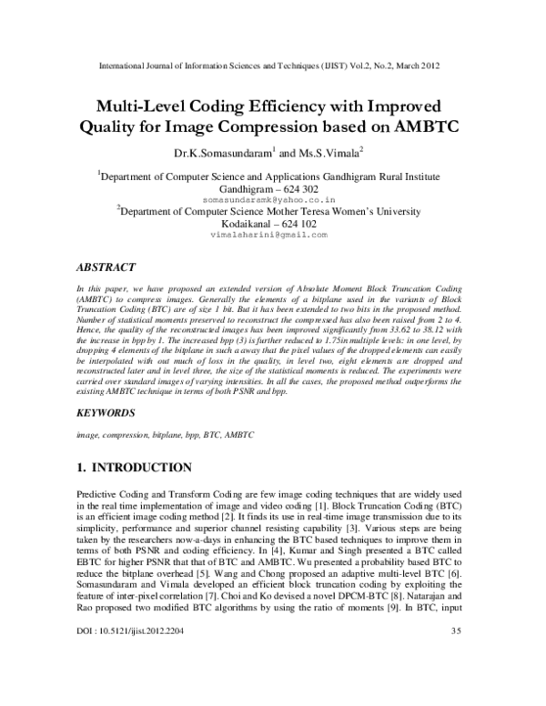 Pdf Multi Level Coding Efficiency With Improved Quality For Image Compression Based On Ambtc