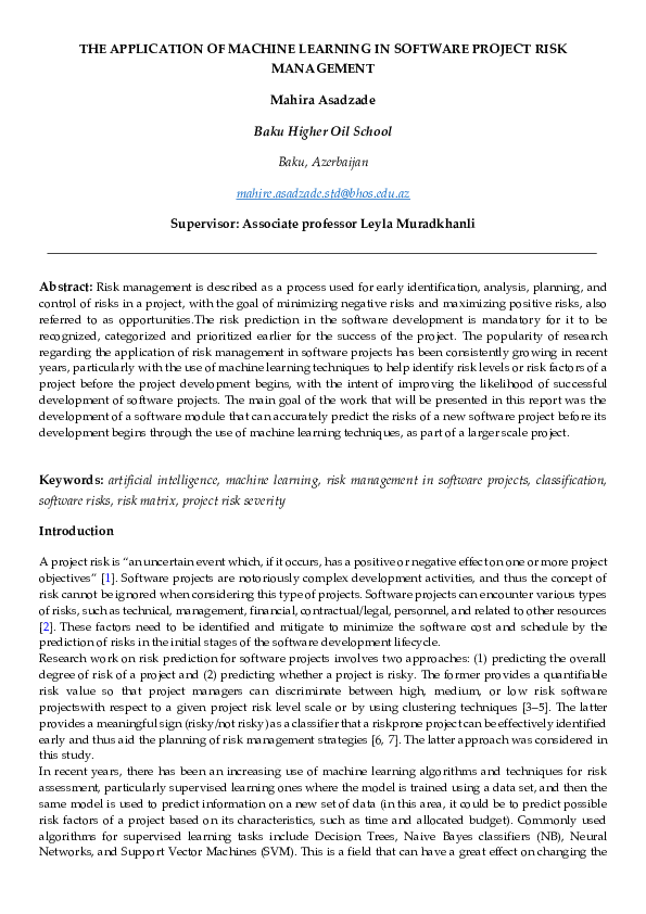 (PDF) THE APPLICATION OF MACHINE LEARNING IN SOFTWARE PROJECT RISK MANAGEMENT