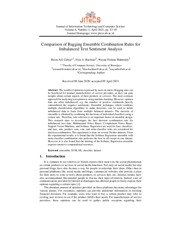 (PDF) Comparison of Bagging Ensemble Combination Rules for Imbalanced Text Sentiment Analysis