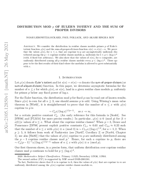 Pdf Distribution Mod P Of Euler S Totient And The Sum Of Proper Divisors Akash Singha Roy