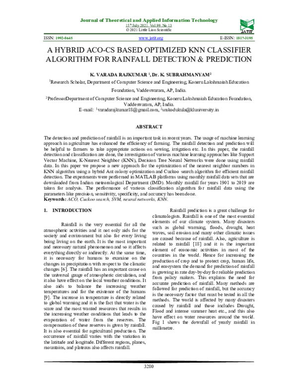 (PDF) Optimized KNN Classifier for Rainfall Detection using Hybrid ...