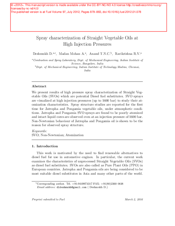 (PDF) Spray characterization of straight vegetable oils at high ...