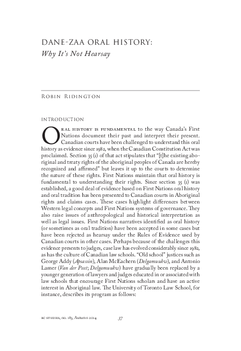 (PDF) Dane-zaa Oral History: Why It's Not Hearsay