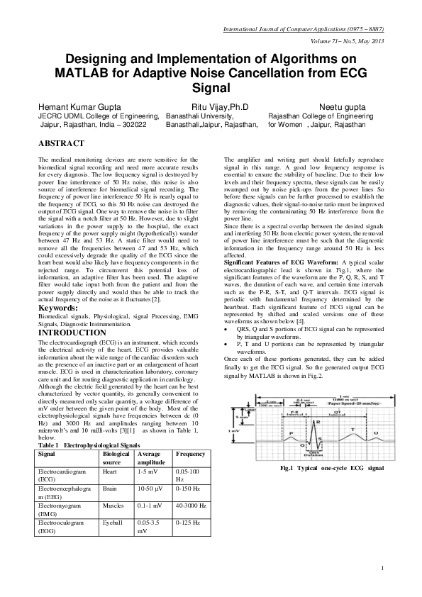(PDF) Designing and Implementation of Algorithms on MATLAB for Adaptive Noise Cancellation from ...