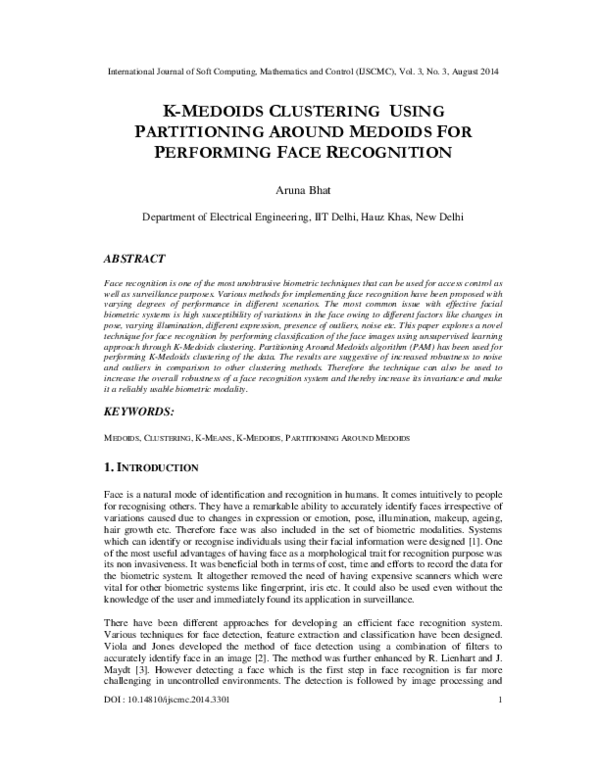 Pdf K Medoids Clustering Using Partitioning Around Medoids For Performing Face Recognition V 6163
