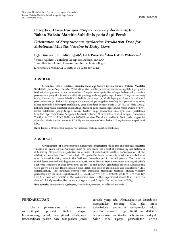 (PDF) Orientasi Dosis Iradiasi Streptococcus agalactiae untuk Bahan ...