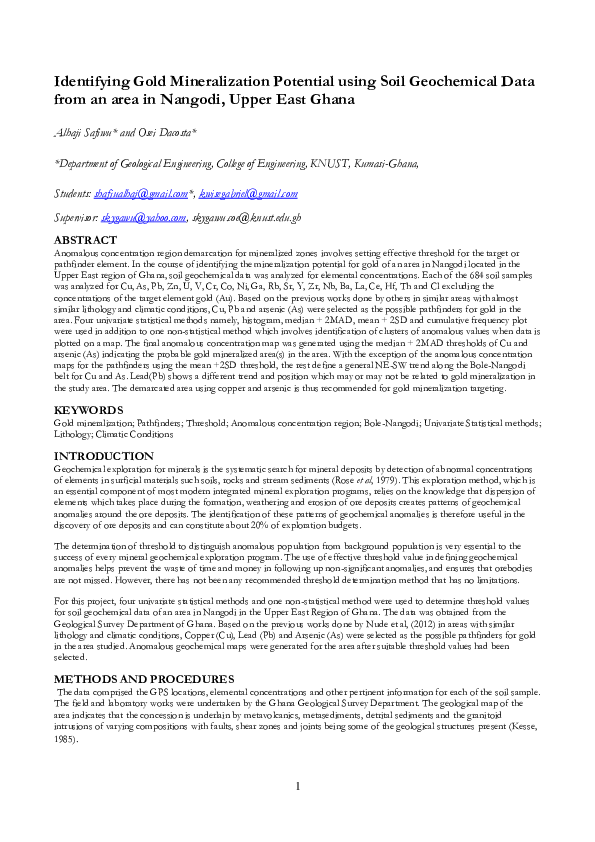 (PDF) Identifying Gold Mineralization Potential using Soil Geochemical Data from an area in ...