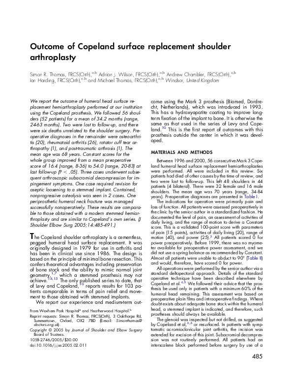 (PDF) Outcome of Copeland surface replacement shoulder arthroplasty