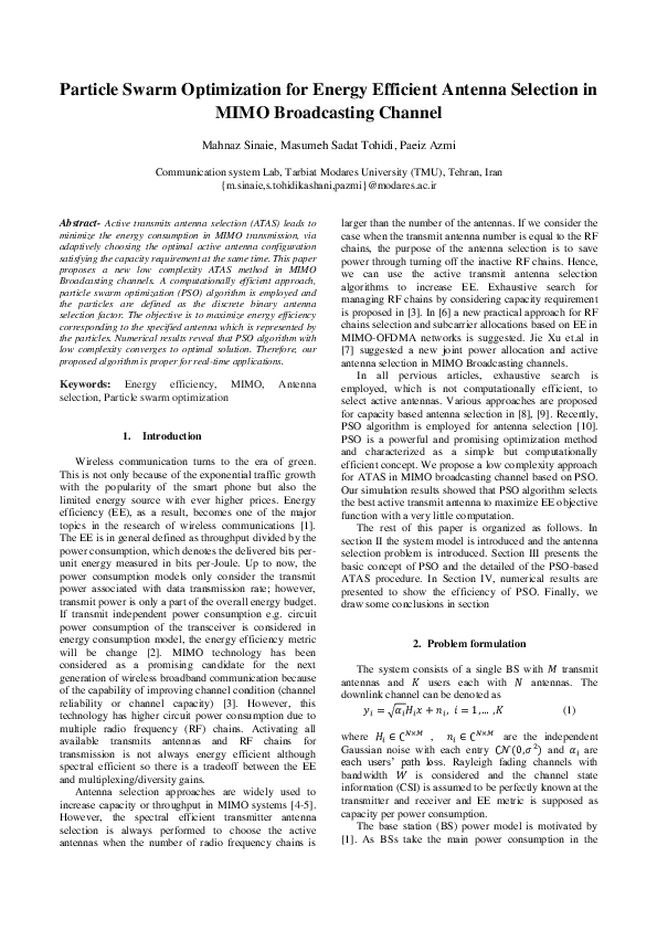 Pdf Particle Swarm Optimization For Energy Efficient Antenna Selection In Mimo Broadcasting