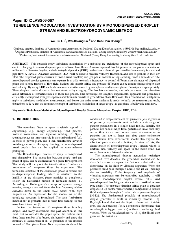 (PDF) Iclass 06-057 Turbulence Modulation Investigation by a Monodispersed Droplet Stream and ...