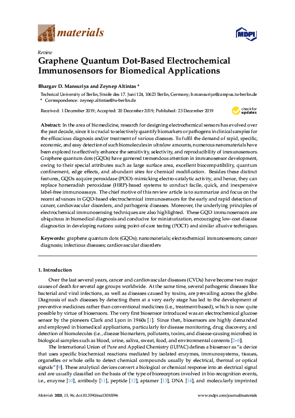(PDF) Graphene Quantum Dot-Based Electrochemical Immunosensors for Biomedical Applications