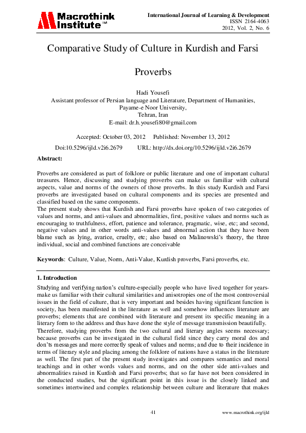 (PDF) Comparative Study of Culture in Kurdish and Farsi Proverbs