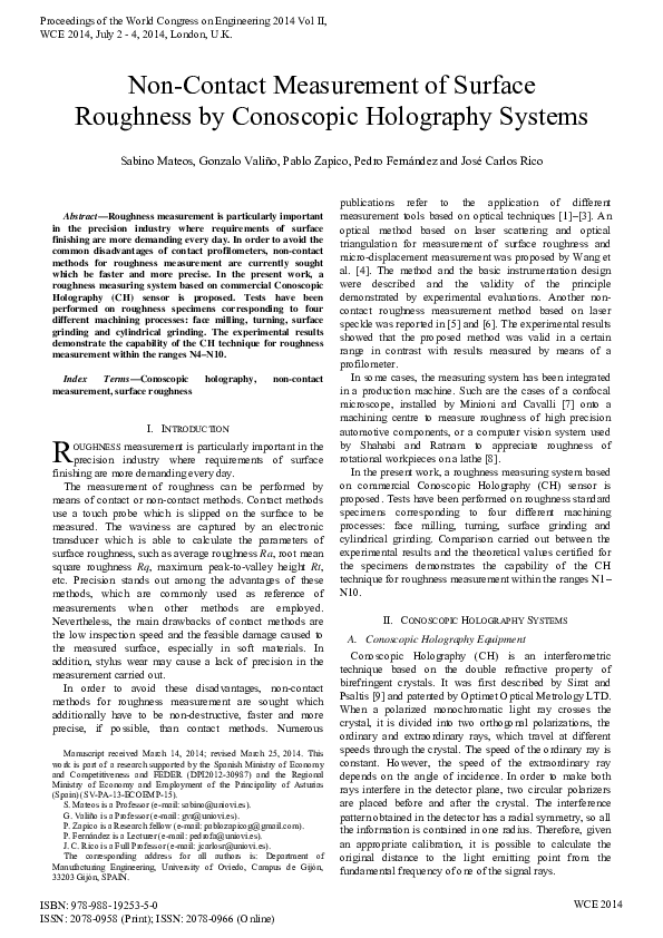 Non-Contact Measurement of Surface Roughness by Conoscopic Holography ...
