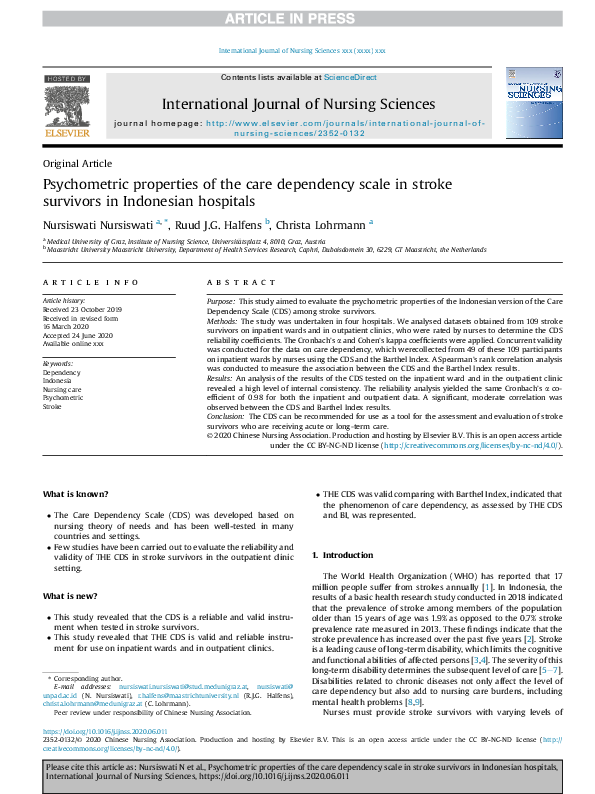 (PDF) Psychometric properties of the Care Dependency Scale in stroke ...