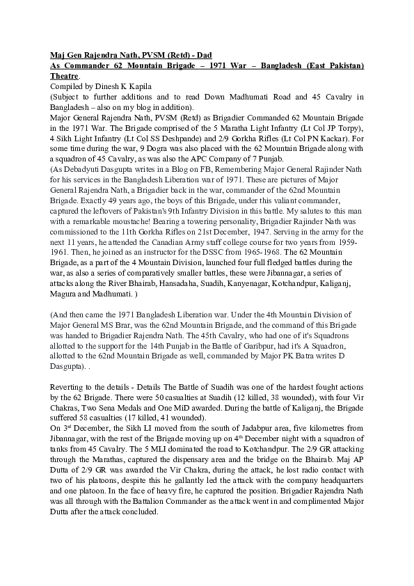 (DOC) Maj Gen Rajendra Nath 62 Mtn Bde 1971 War