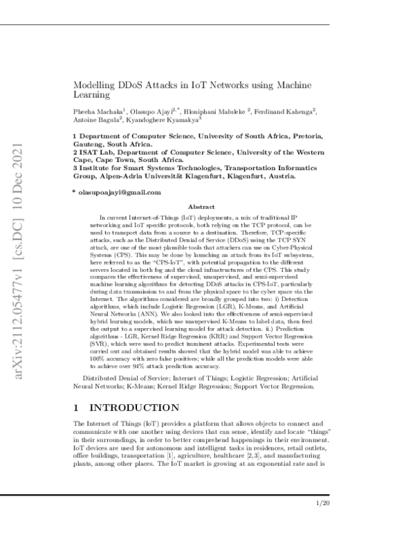 Pdf Modelling Ddos Attacks In Iot Networks Using Machine Learning Ferdinand Kahenga
