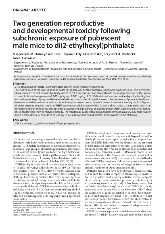 (PDF) Two generation reproductive and developmental toxicity following ...
