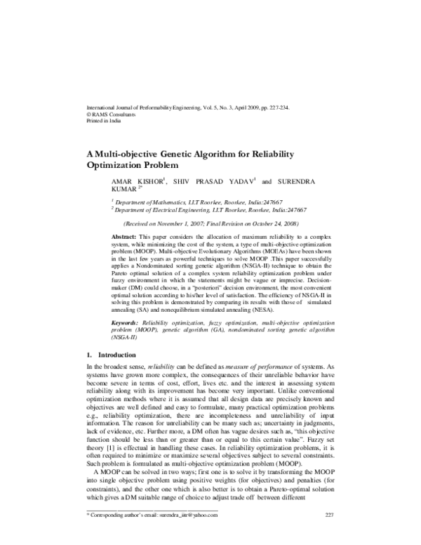 (PDF) A Multi-objective Genetic Algorithm for Reliability Optimization Problem