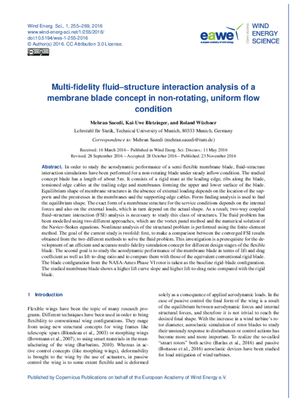 Pdf Multi Fidelity Fluid Structure Interaction Analysis Of A Membrane Blade Concept In Non