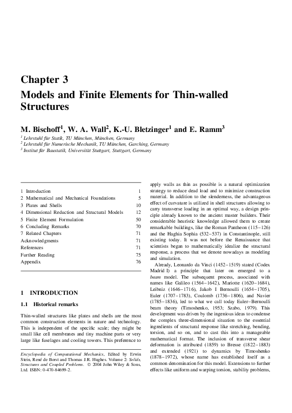 (PDF) Chapter 3 Models and Finite Elements for Thin-walled Structures