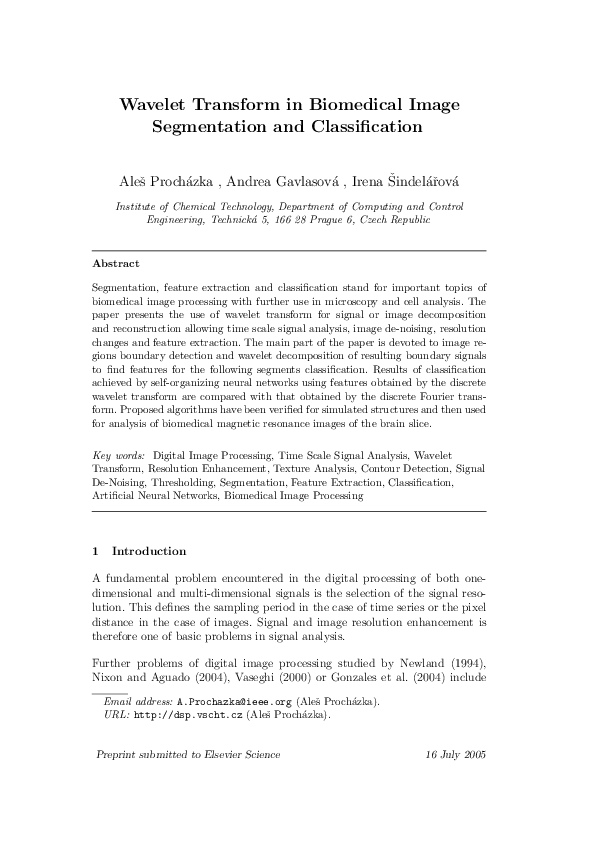 (PDF) Wavelet transform in biomedical image segmentation and classification