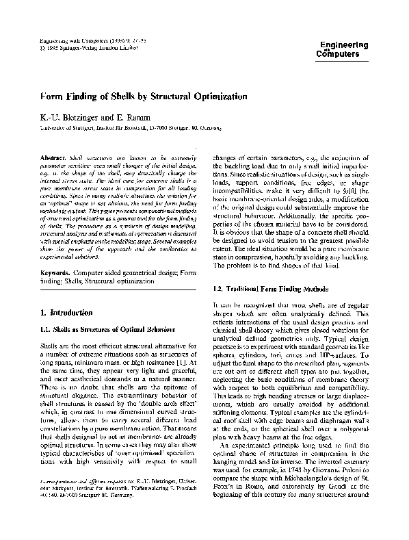 Pdf Form Finding Of Shells By Structural Optimization