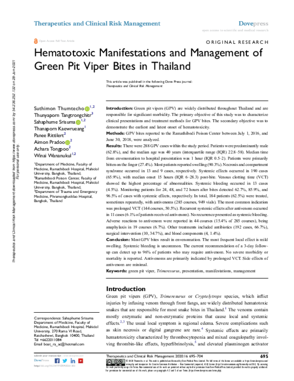 (PDF) Hematotoxic Manifestations and Management of Green Pit Viper ...