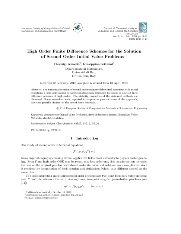 Pdf High Order Finite Difference Schemes For The Solution Of Second Order Initial Value Problems