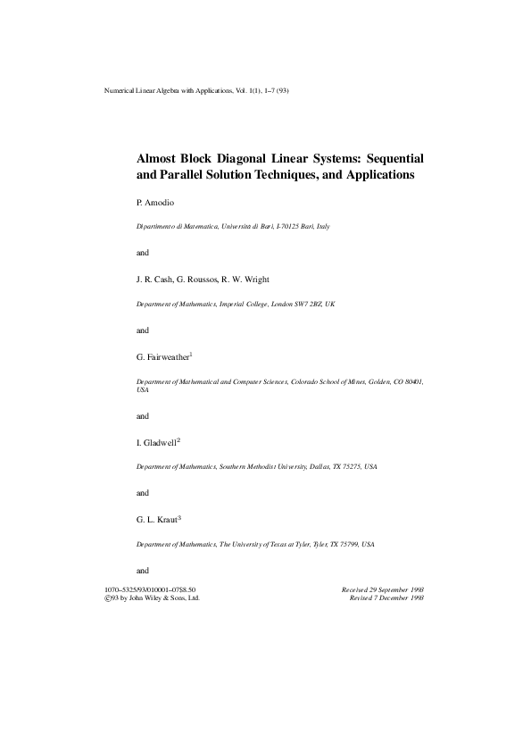(PDF) Almost block diagonal linear systems: sequential and parallel solution techniques, and ...