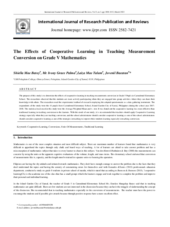 (PDF) The Effects of Cooperative Learning in Teaching Measurement ...