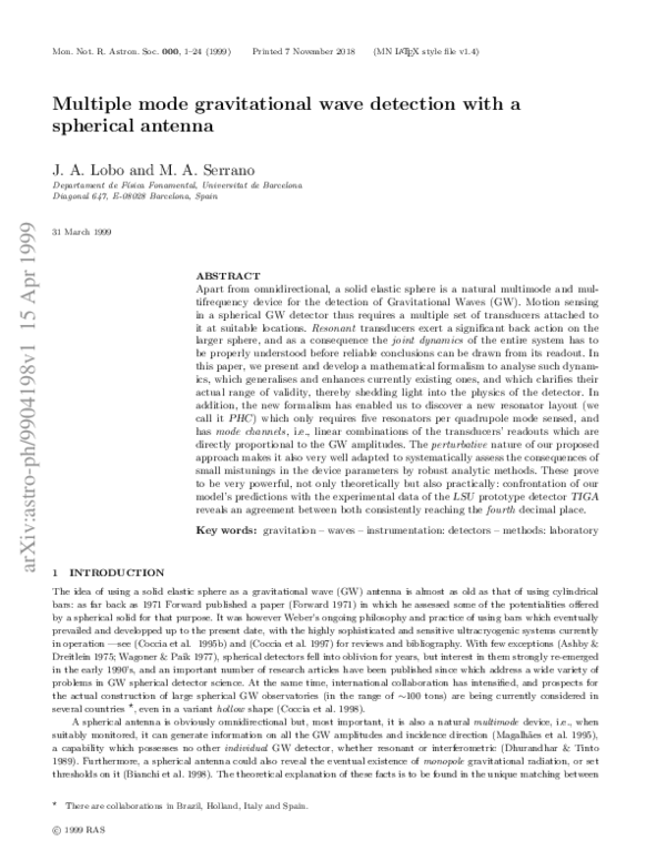 Pdf Multiple Mode Gravitational Wave Detection With A Spherical Antenna