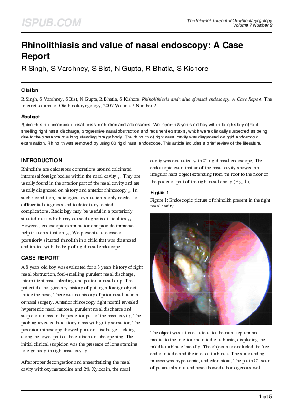 (PDF) Rhinolithiasis and value of nasal endoscopy: A Case Report