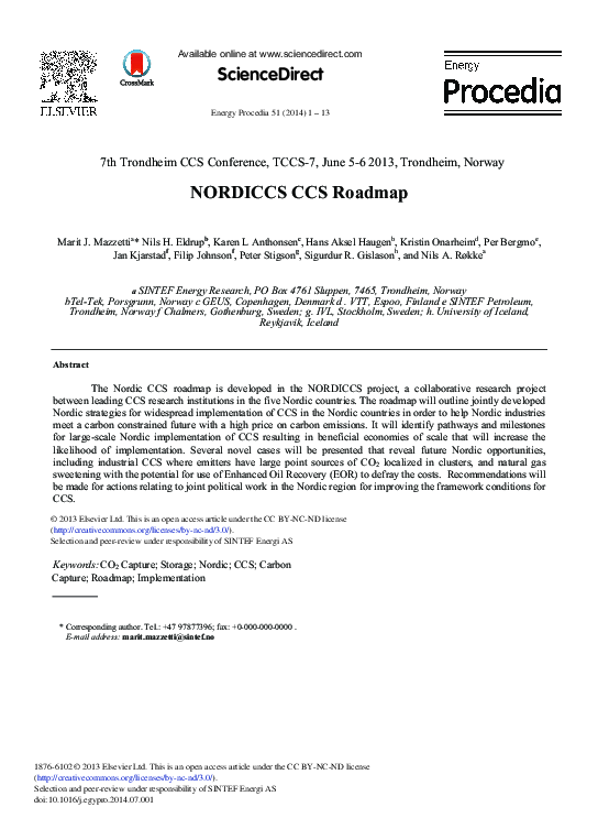 (PDF) TCCS-7 , June 5-6 2013 , Trondheim , Norway NORDICCS CCS Roadmap